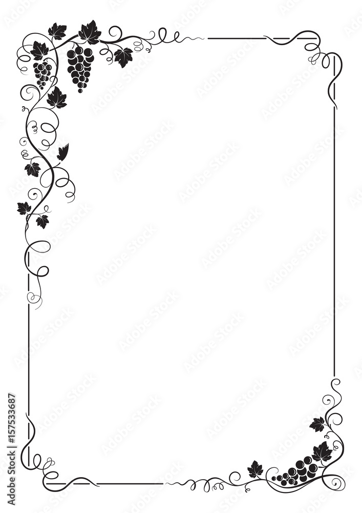 Decorative rectangular frame with bunch of grapes, grape leaves, vines ...