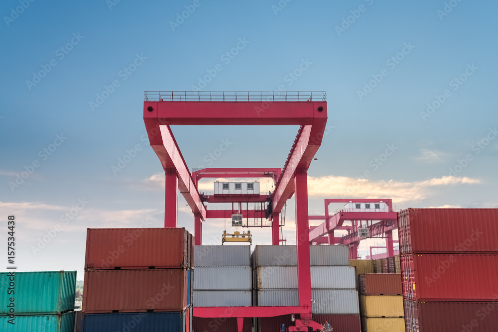 shipping containers with gantry crane Stock Photo | Adobe Stock