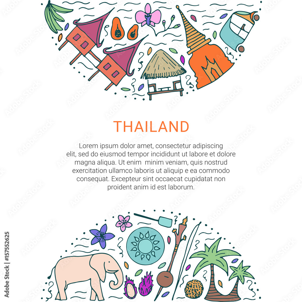 Culture of Thailand template. Hand drawn design concept with the main ...