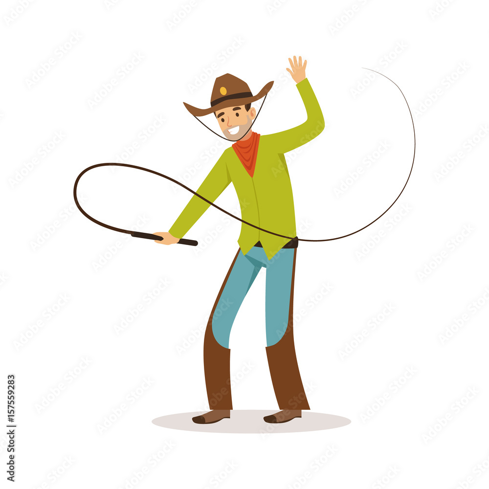 Man in American traditional costume with whip western cartoon character ...