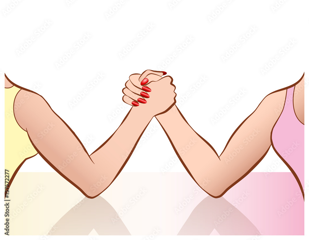 Womens arm wrestling as a symbol for female competition or cat fight ...