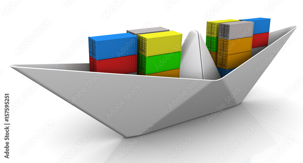 Paper boat with shipping containers on white surface. Isolated. 3D ...