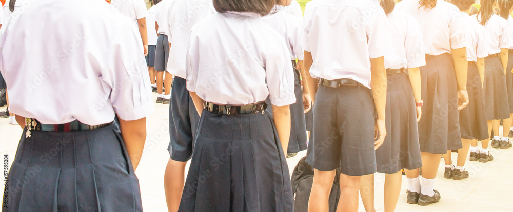 Thailand secondary education students are standing in line in the ...