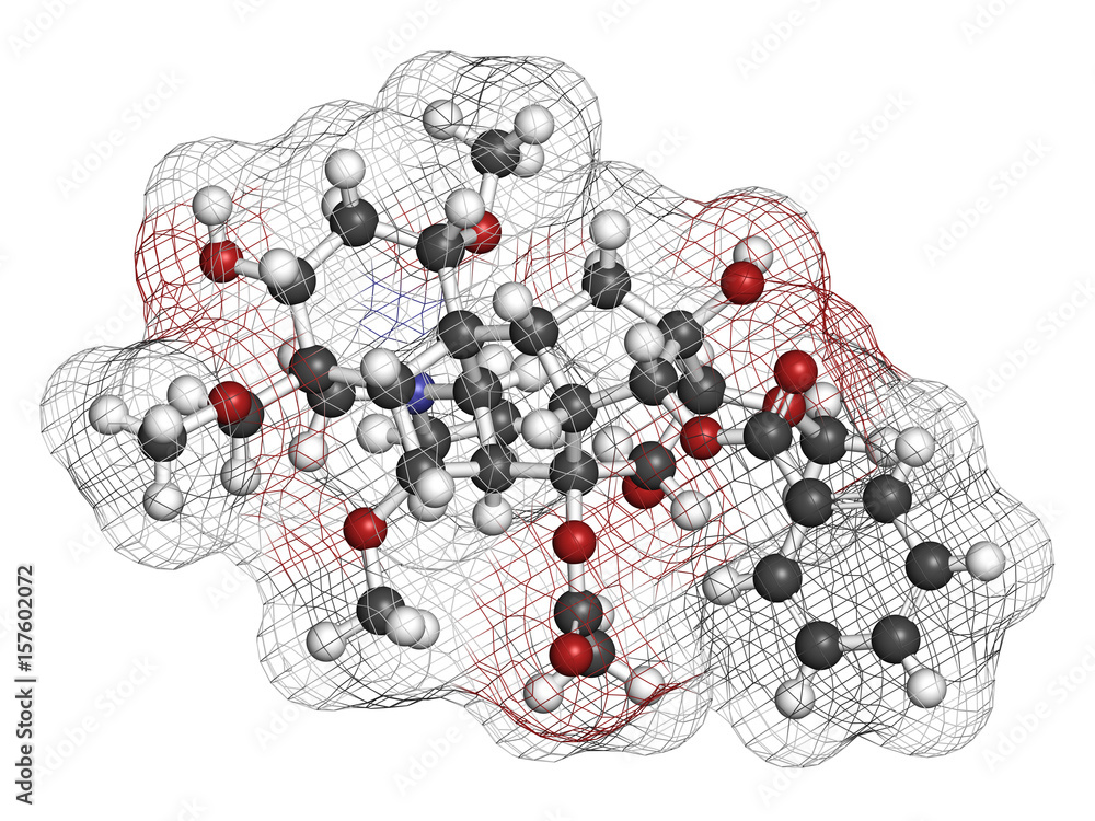 Aconitine molecule. Toxin present in Aconitum plants (monkshood). 3D ...