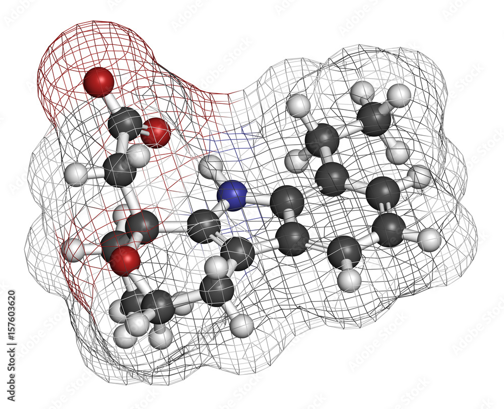 Etodolac NSAID drug molecule. 3D rendering. Atoms are represented as ...