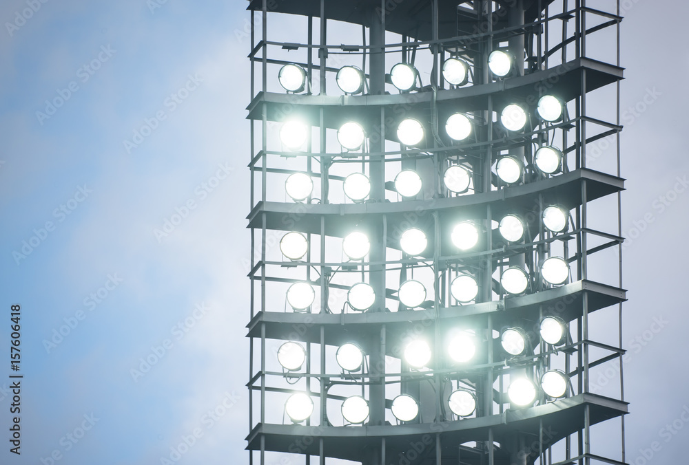 The Stadium Spot-light tower. Mast lighting football stadium. Football ...