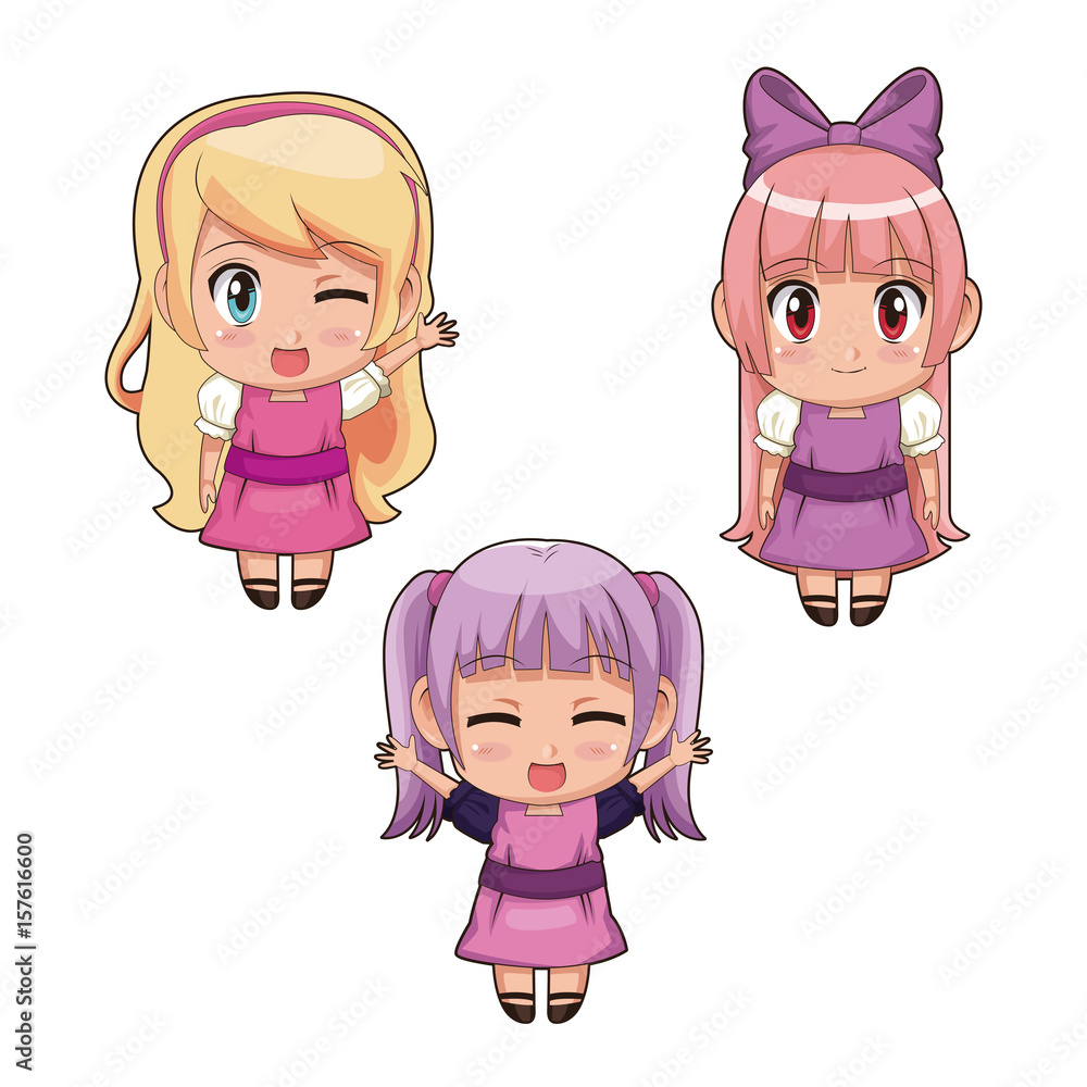 colorful set full body cute anime girls facial expression in pink and ...