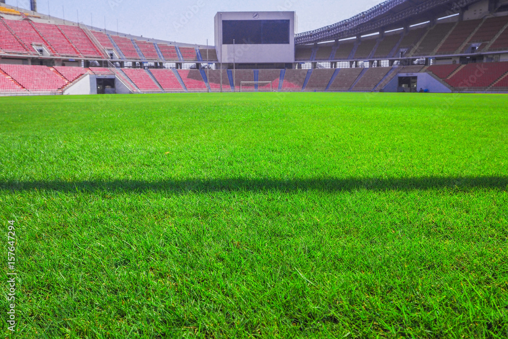 Green grass in soccer stadium. soccer field grass with stadium on blue ...