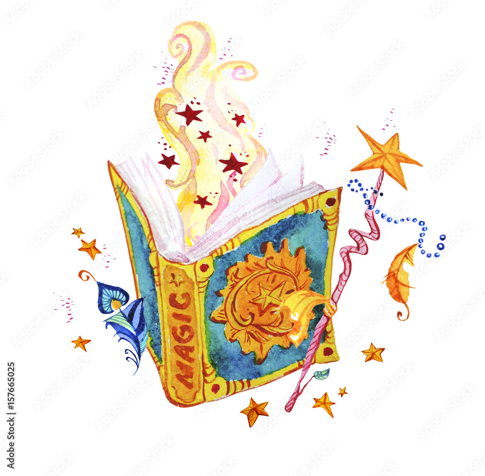 Artistic watercolor hand drawn magic illustration with stars, wizard ...