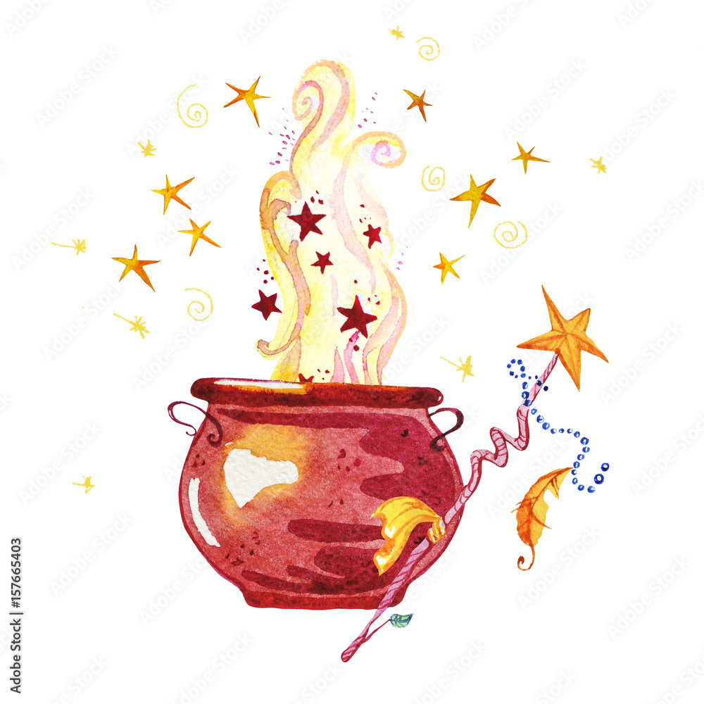 Artistic watercolor hand drawn magic pot illustration with stars, smoke ...