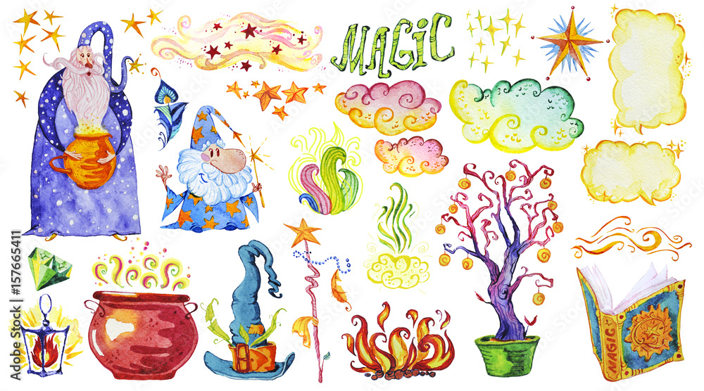 Watercolor artistic collection of magic hand drawn elements design ...