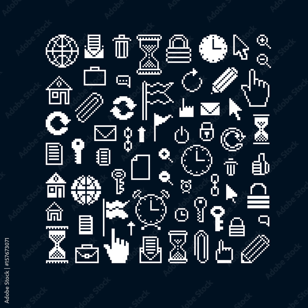Vector flat 8 bit icons, collection of simple geometric pixel symbols ...