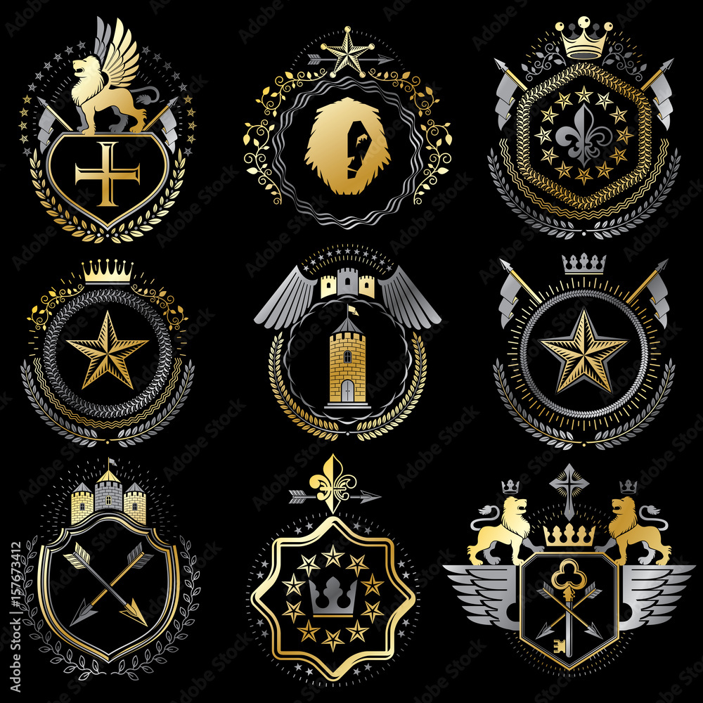 Collection of vector heraldic decorative coat of arms isolated on white ...