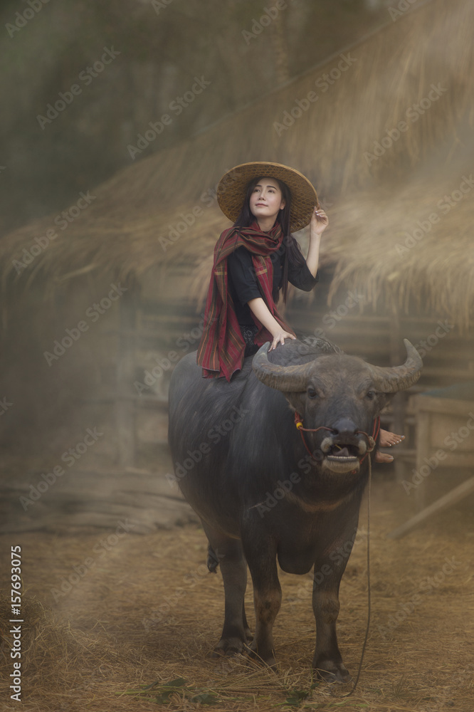 Beautiful Asian woman wearing Thai Esan traditional dress sitting on ...