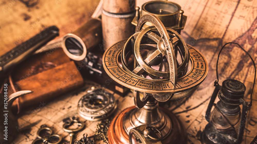 Antique Brass Sundial Magnetic Compass On Ancient World Map Stock Photo ...