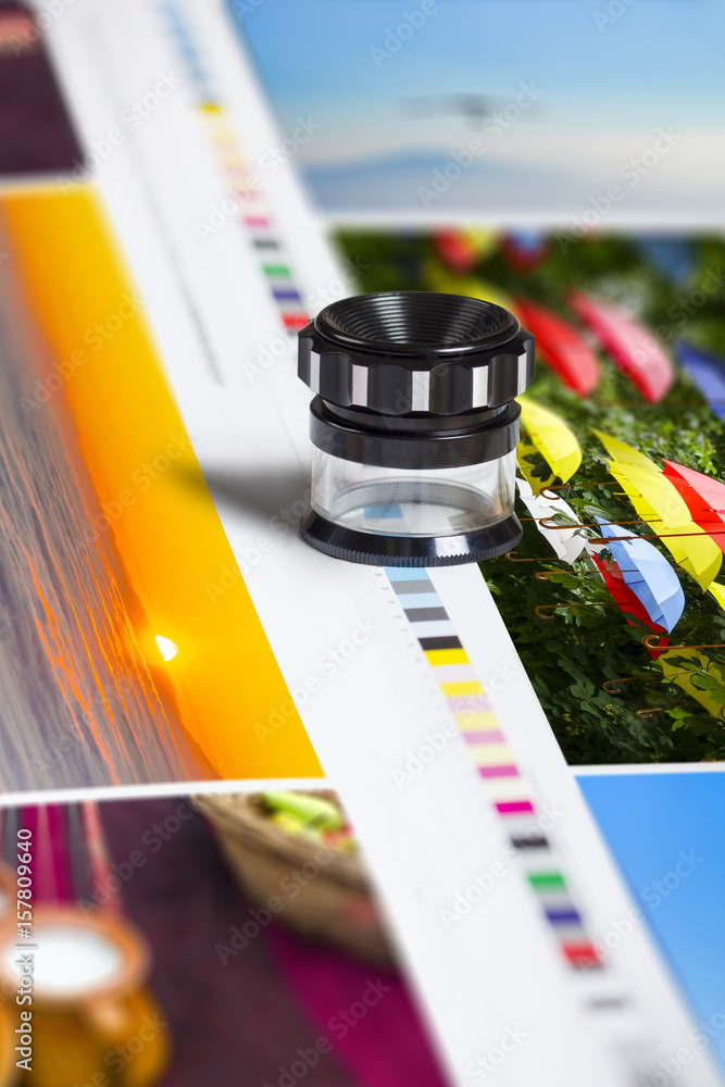 Color patch bars on offset print sheet and magnification loupe Stock ...
