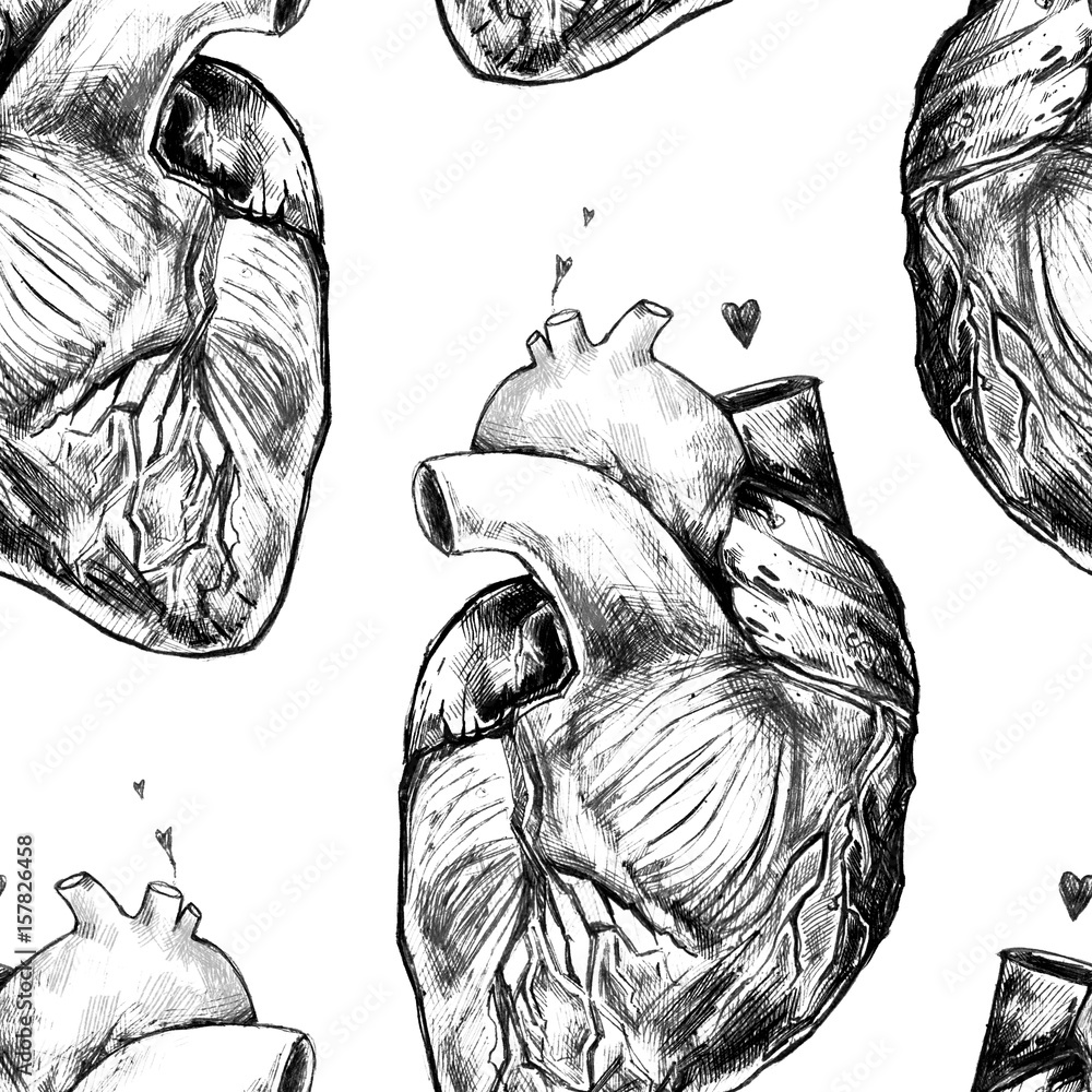 Realistic human hearts drawn by hand. Seamless texture. Repeated ...