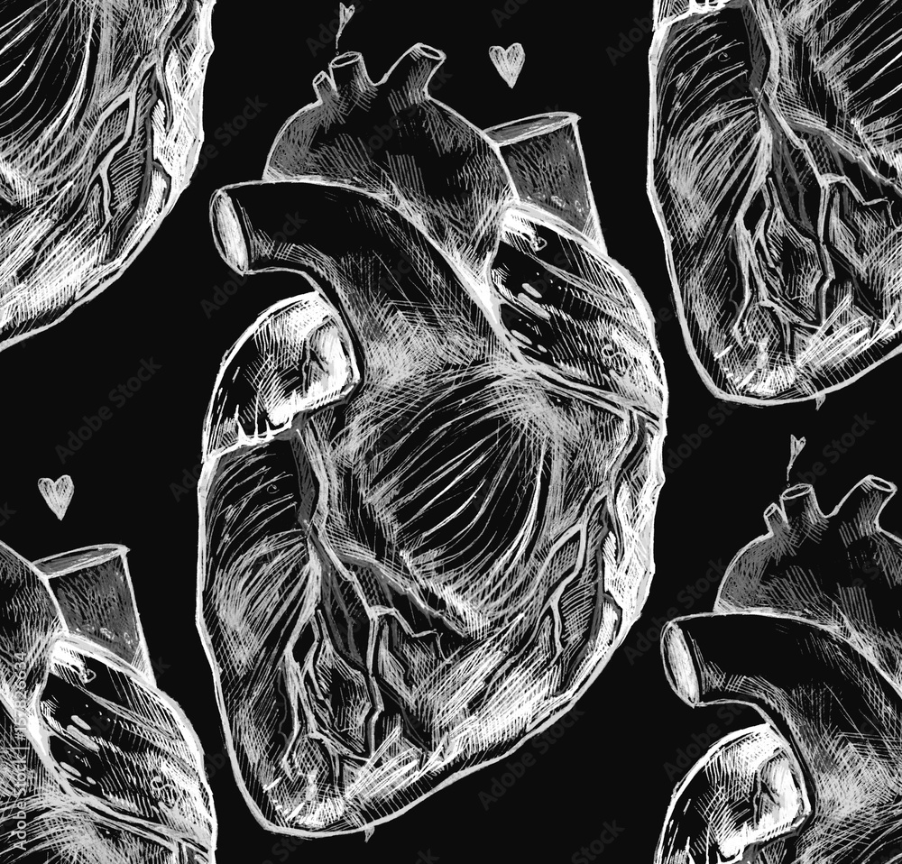 Realistic human hearts drawn by hand. Seamless texture. Repeated ...