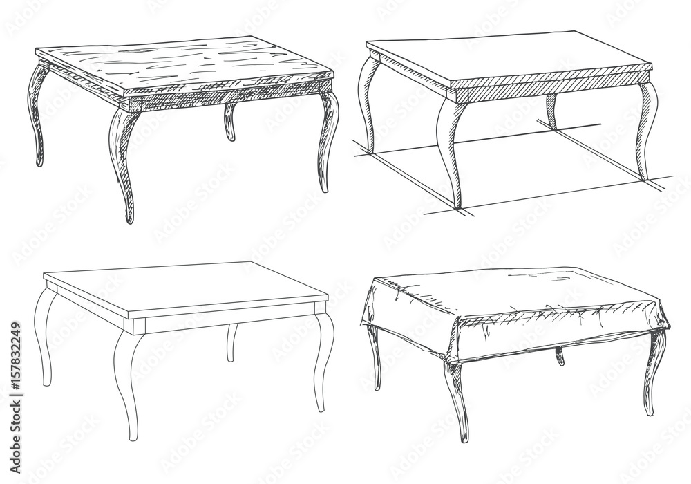 Sketch set isolated furniture. Different tables. Linear black tables on ...