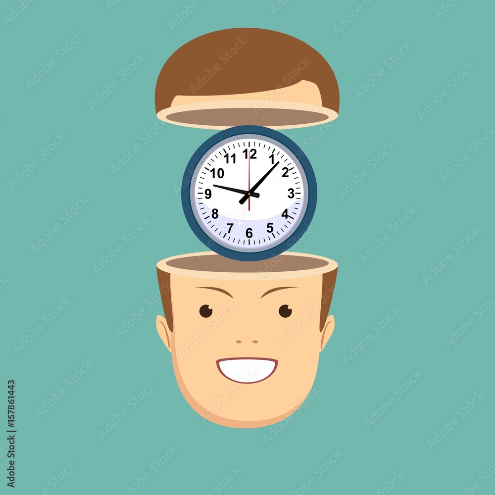 time management concept. Open minded man with clock inside. Conceptual ...