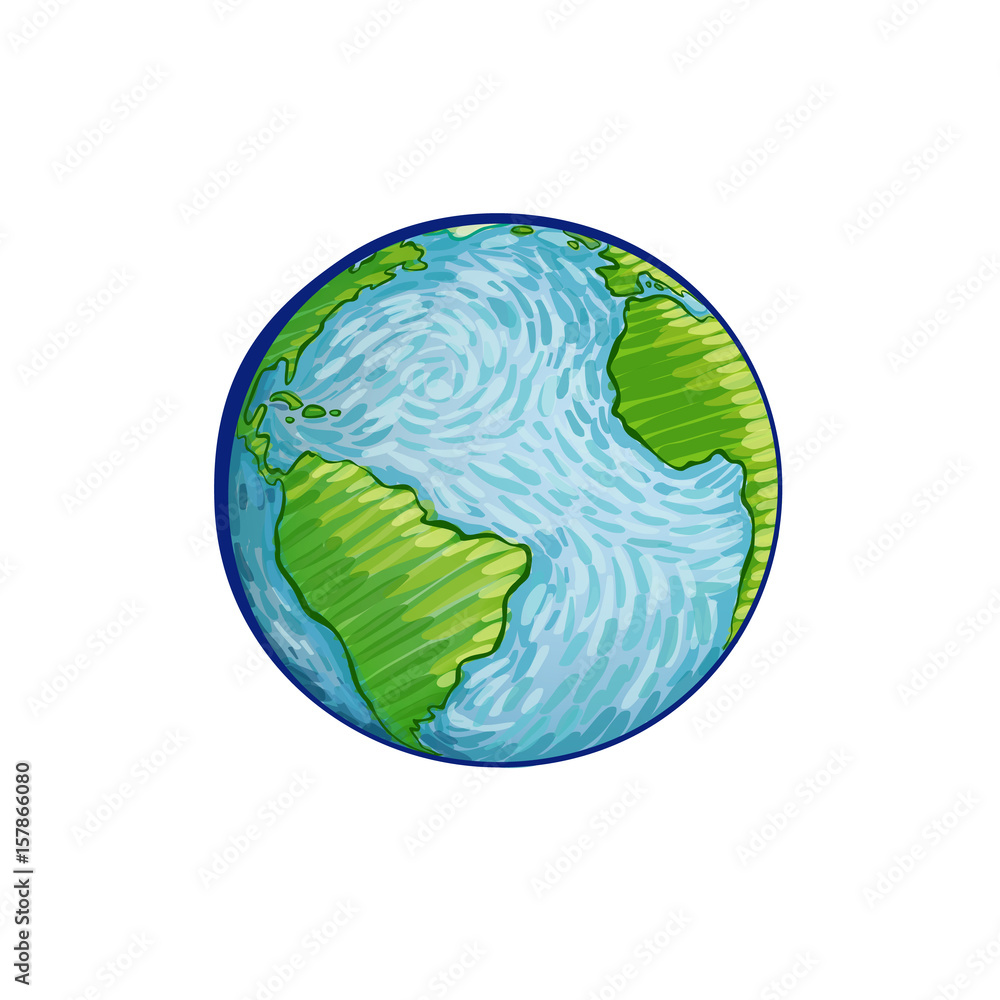 Earth hand-drawn on white background. World map or globe in doodles ...