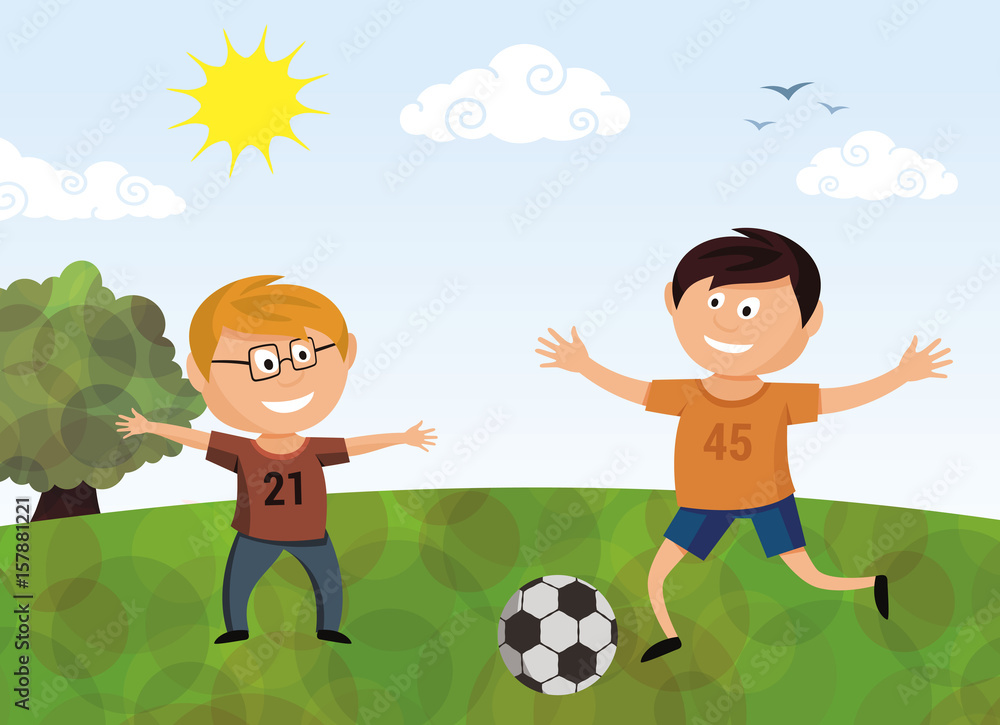 Happy children playing football on the field. Vector cartoon ...