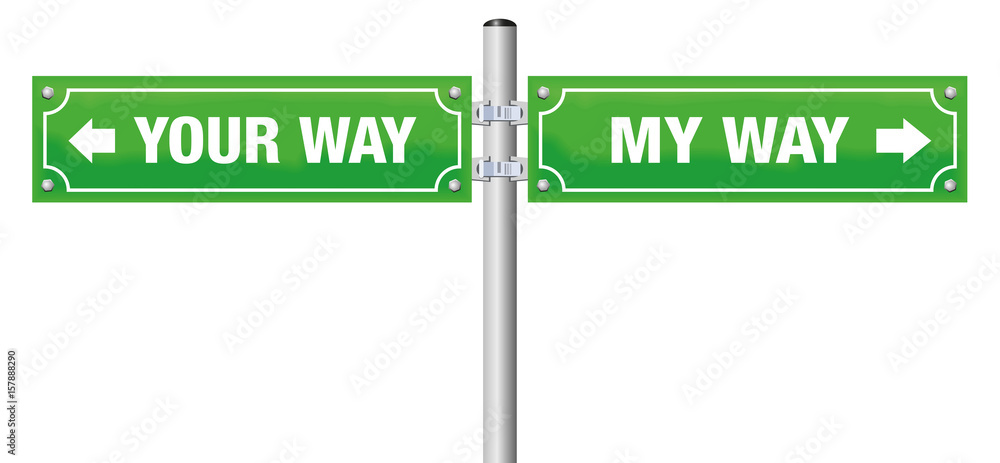 Going separate ways. MY WAY and YOUR WAY written on street signs ...