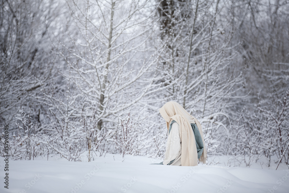 Jesus Christ kneeling and praying in the snow. Stock Photo | Adobe Stock
