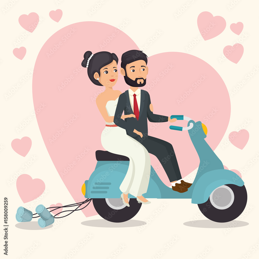 Just married couple in motorcycle with tin cans and hearts over white ...