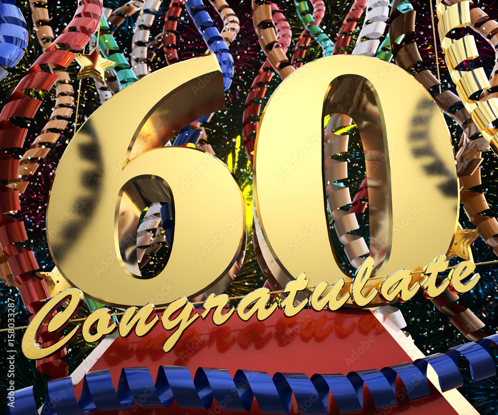 Gold number sixty with the words congratulations on a background of ...