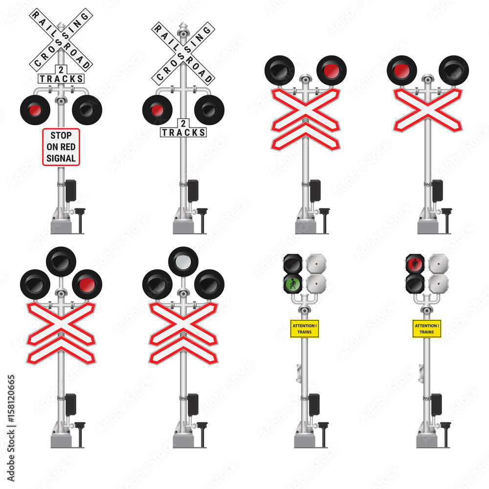 Set of different railway crossing signals with warning signs Stock ...