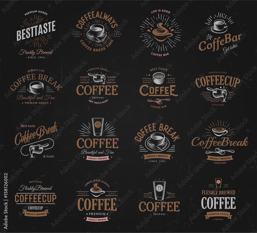 Coffee vintage logos set. Freshly brewed caffeine dark drink logotype ...
