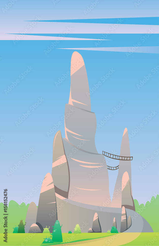 Digital vector, fairytale and fantasy big silver rock with wooden ...