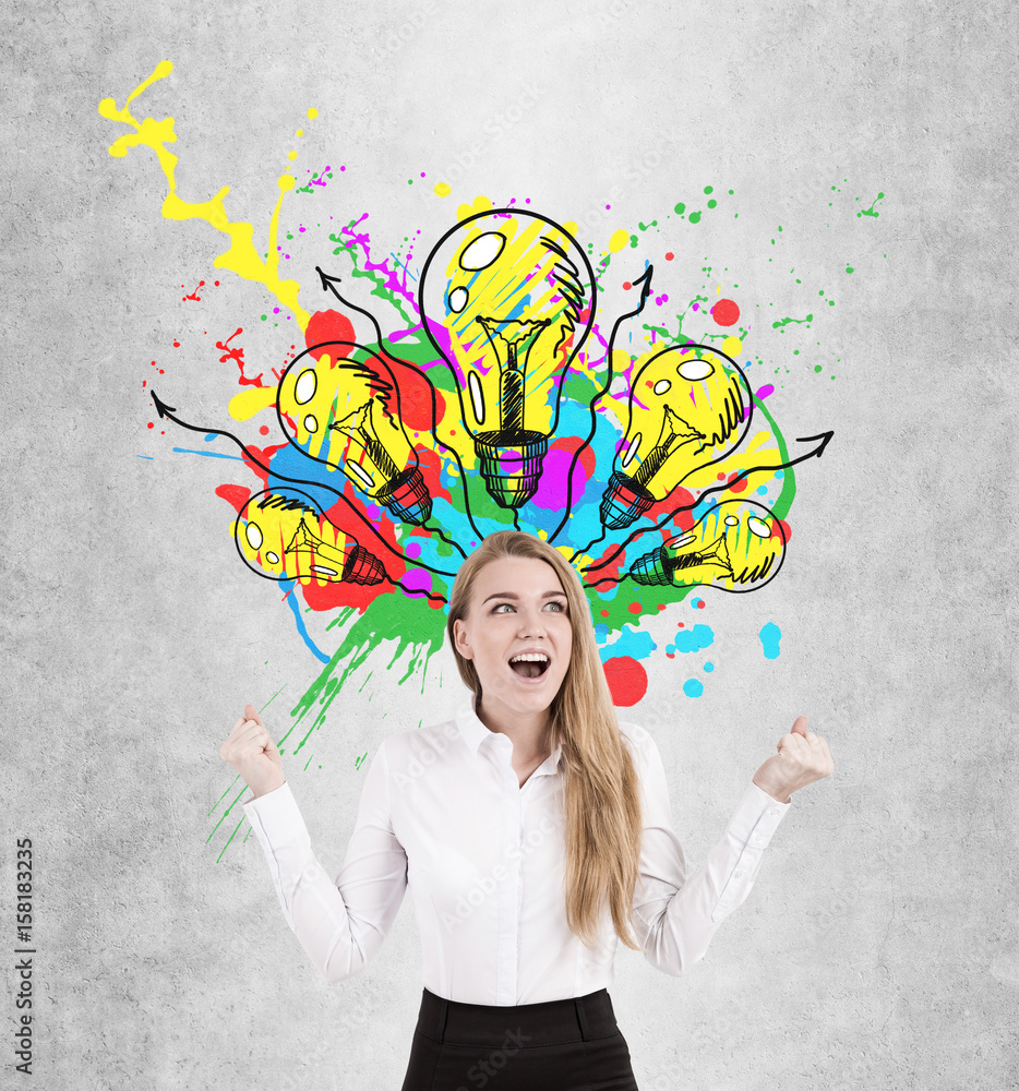 Happy blond woman screaming, light bulbs Stock-Foto | Adobe Stock