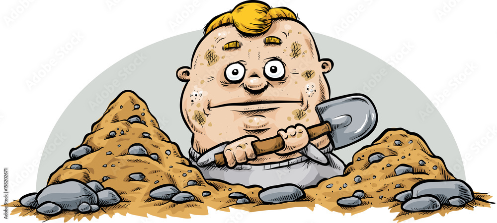 A cartoon man with a shovel digging a hole in the rocky ground. Stock ...
