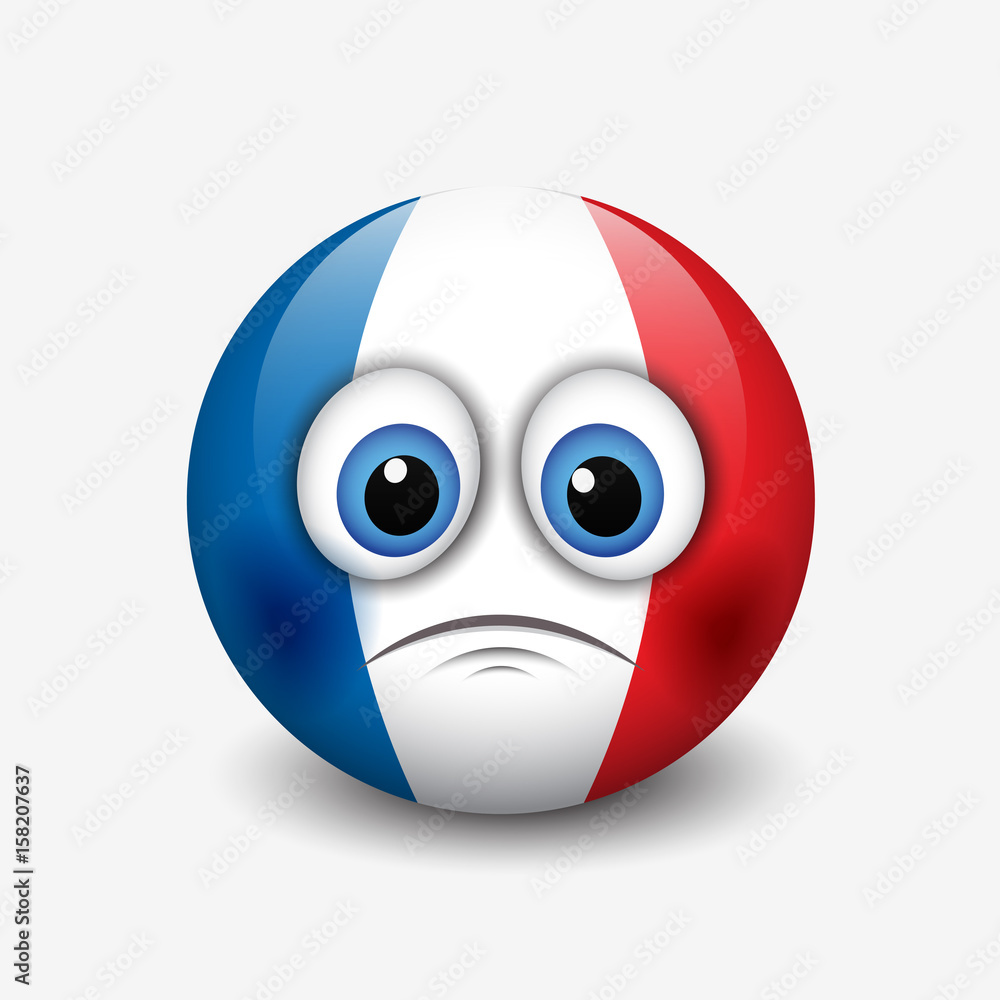 Cute sad emoticon isolated on white background with France flag motif ...