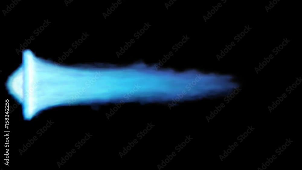 Animated rocket or jet engine blue flame against black background. Side ...