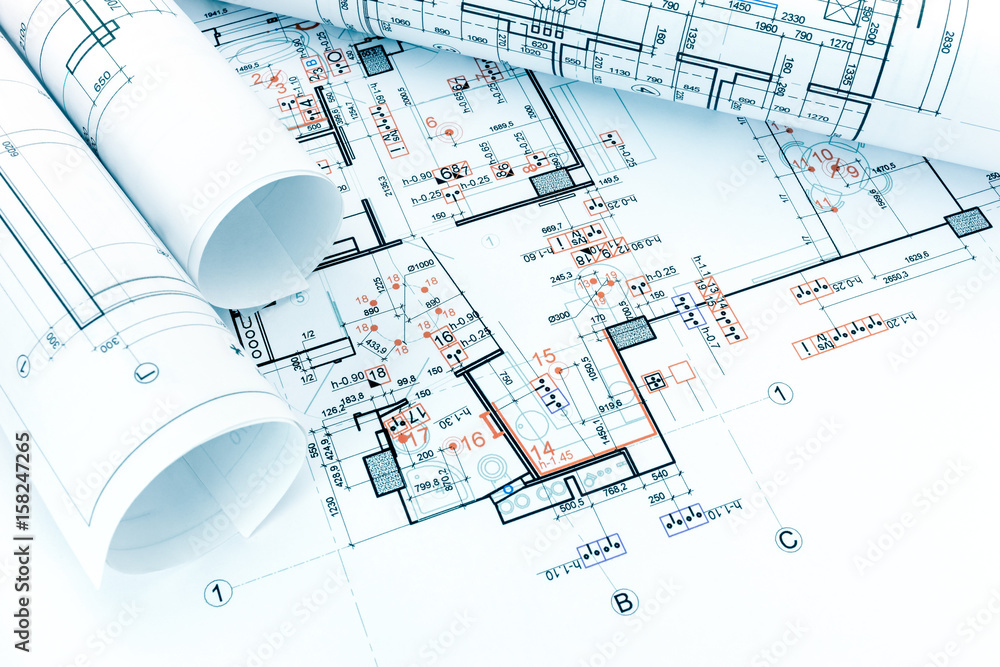engineering electricity technical drawing with rolls of architectural ...