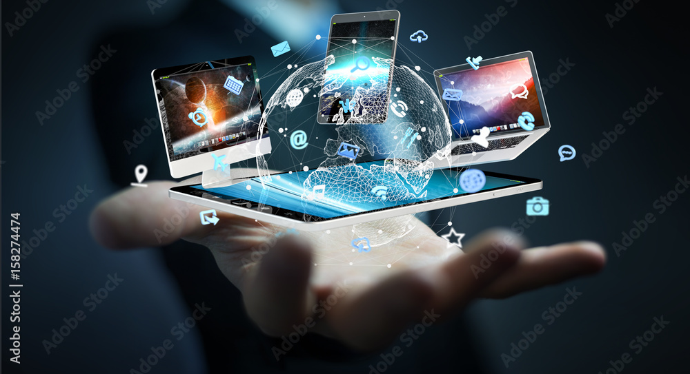 Businessman connecting tech devices to each other 3D rendering Stock ...