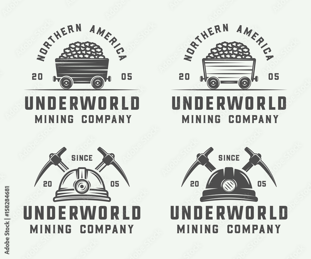 Set of retro mining or construction logos, badges, emblems and labels ...