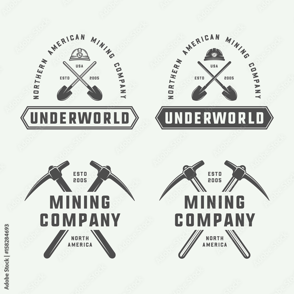 Set of retro mining or construction logo badges and labels in vintage ...