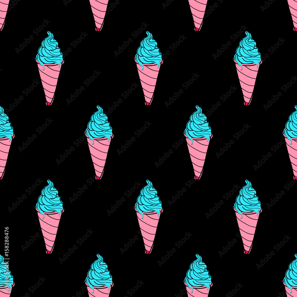 Seamless melting ice cream cone pattern, hand-drawn colorful summer ...