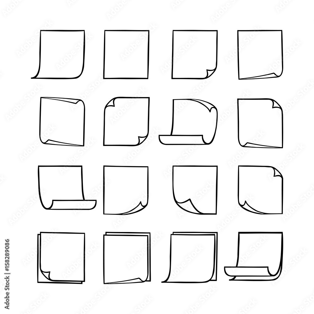 Vector black and white stick notes, collection of hand-drawn sheets of ...
