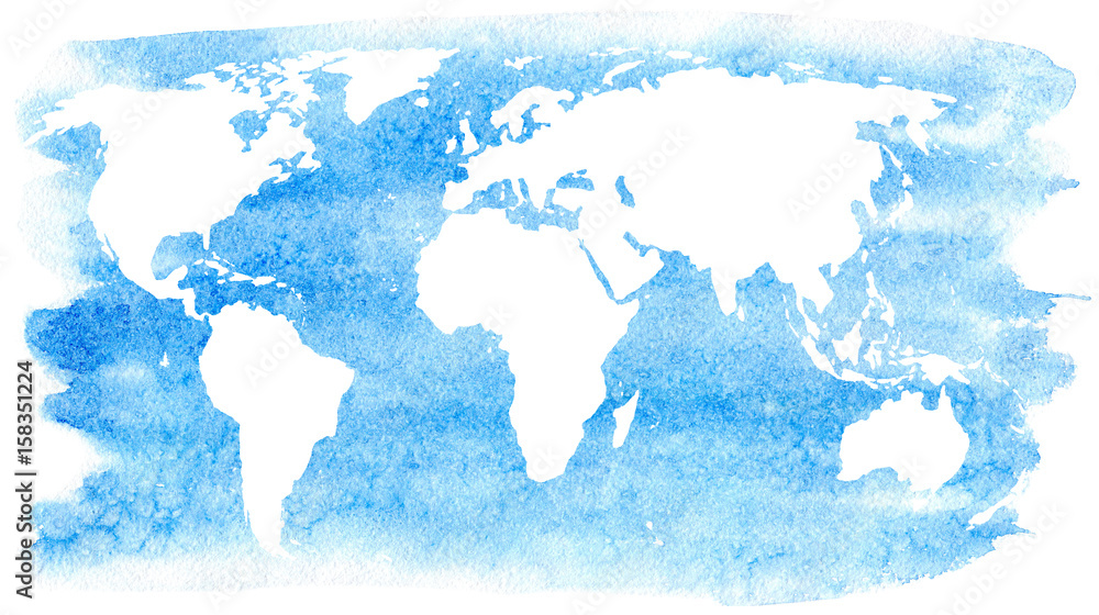 World map and ocean.Earth.Watercolor hand drawn illustration.White ...