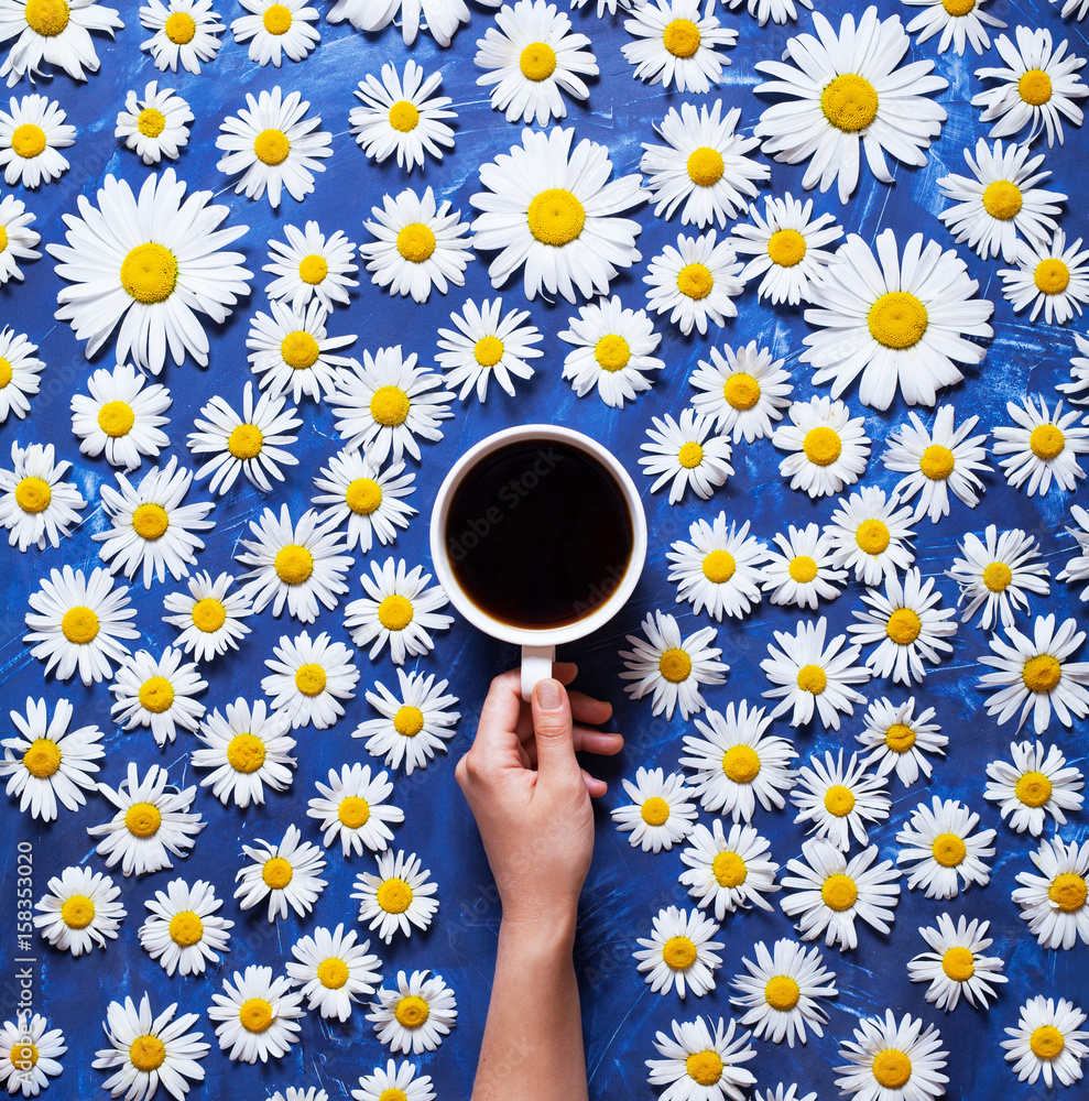 Floral summer background. A mug of coffee in a woman's hand on a blue ...