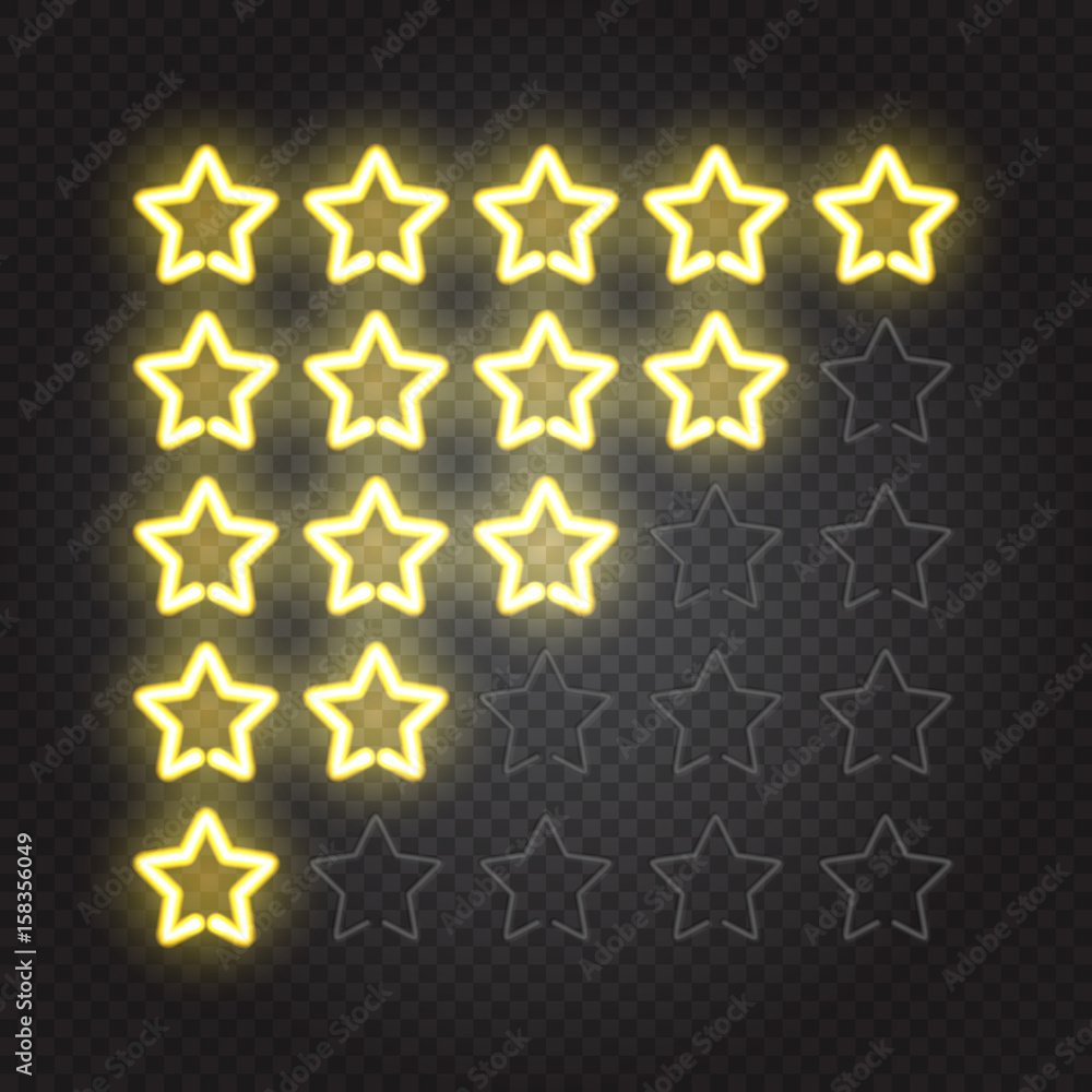 Vector illustration of glowing yellow neon lights 5 stars rating on ...
