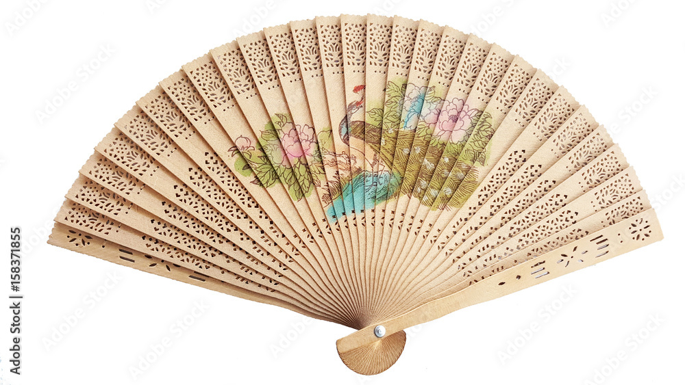 Hand fans on white background. The hand fans with peacock and peonies ...