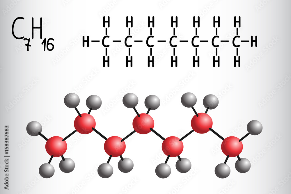 Chemical Formula And Molecule Model Of Heptane C7H16 Stock Vector