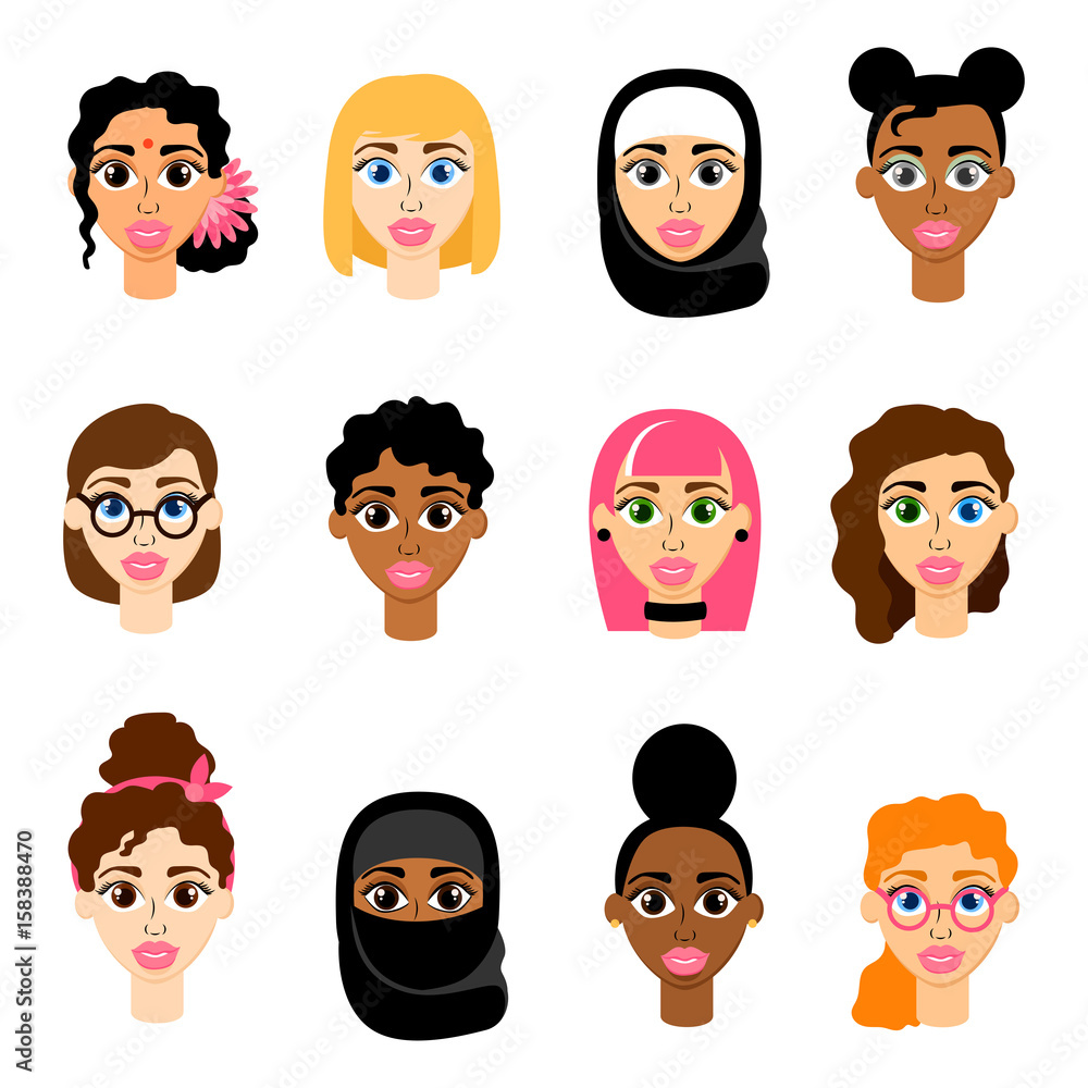 Set of avatars arabian, indian, american, european women in cartoon ...