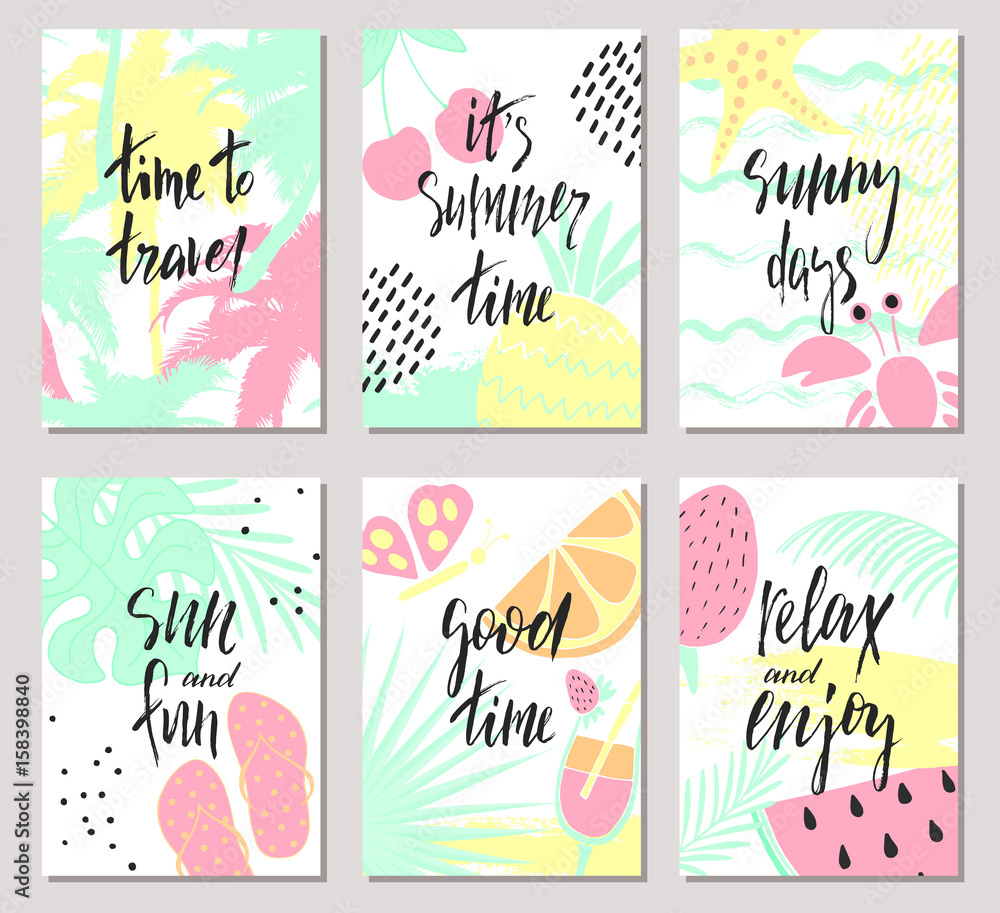 Set of colorful cute hand drawn summer cards, background. Holiday ...